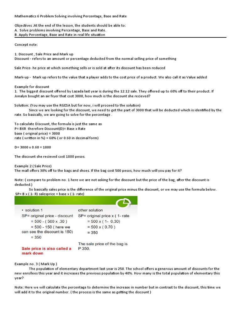 Problem Solving Involving Percentage Base and Rate | PDF | Interest ...