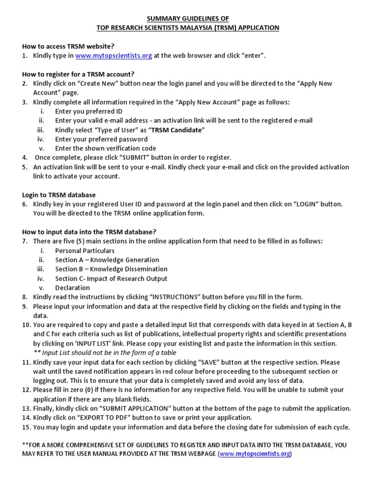 Summary Guidelines of Top Research Scientists Malaysia (TRSM ...