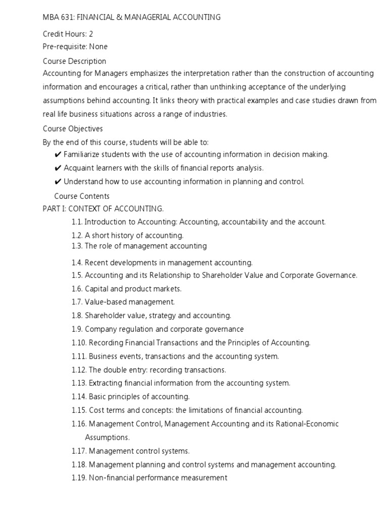 Course outline-MBA 631 FINANCIAL MANAGERIAL ACCOUNTING | PDF ...