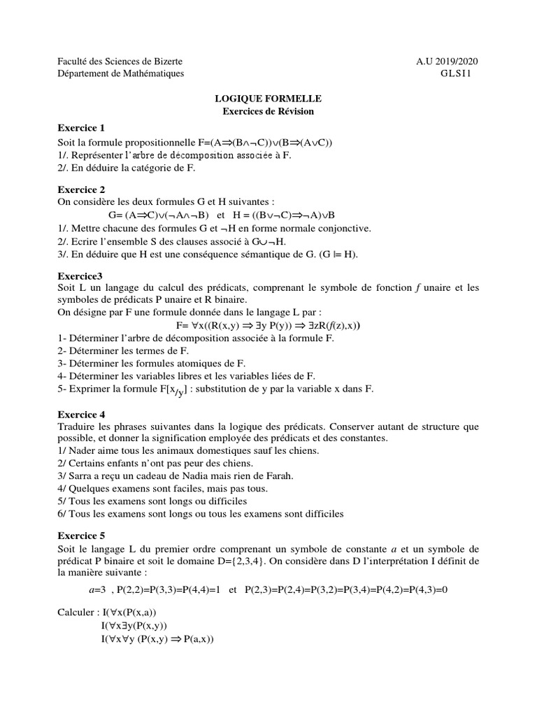 Logique Formelle : Exercices de Révision | PDF