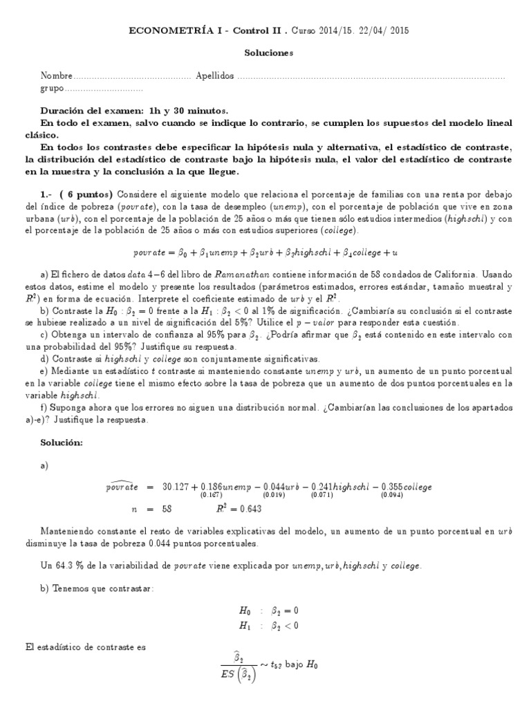 Control 2 2014-15 | PDF | Mínimos cuadrados ordinarios | Estimador