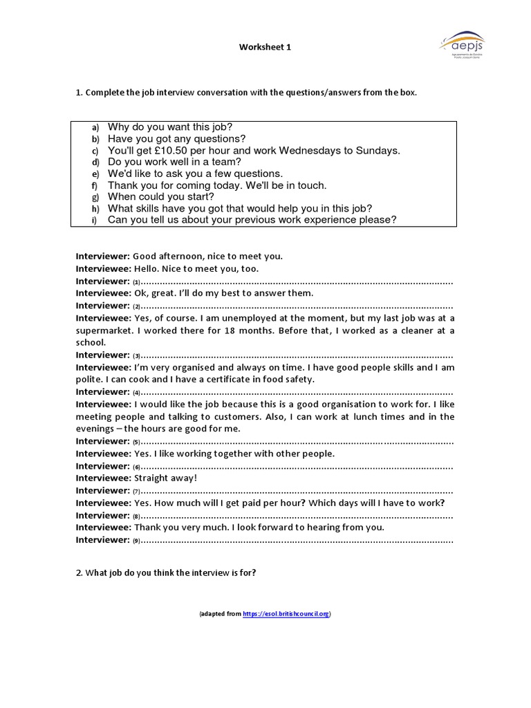 Complete The Job Interview Conversation With The Questions/answers From ...
