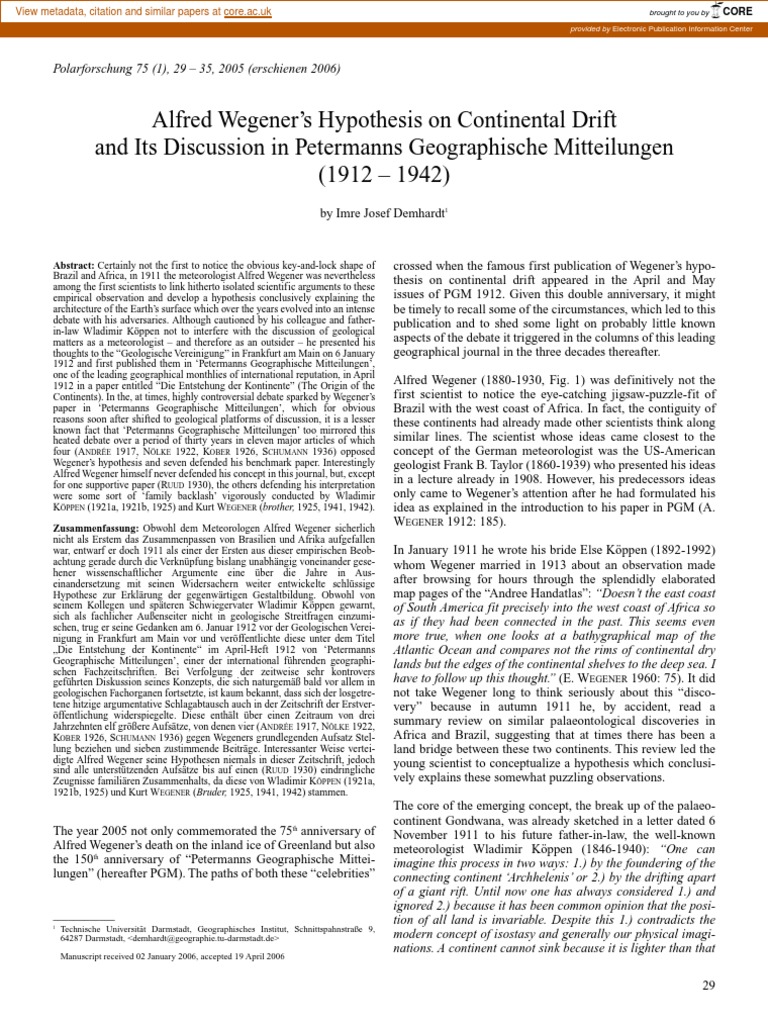 Alfred Wegener's Hypothesis On Continental Drift and Its Discussion in ...