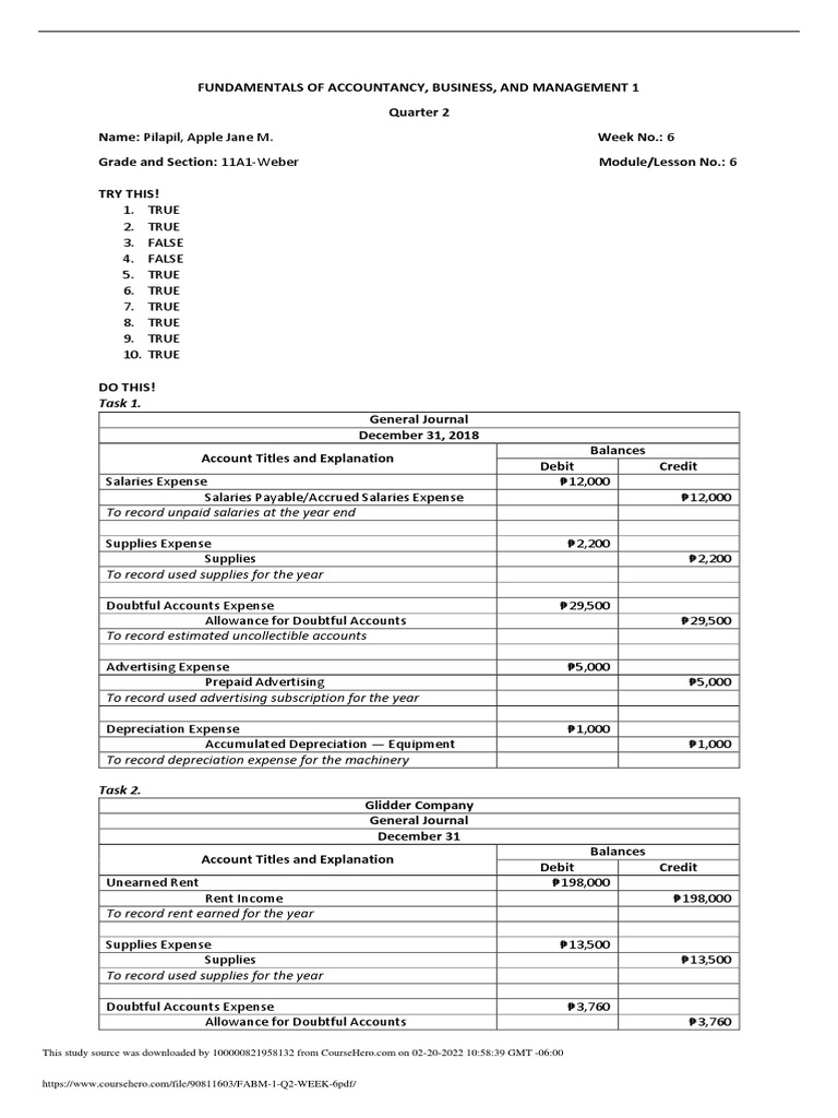 Fabm 1 q2 Week 6 PDF | PDF | Debits And Credits | Expense