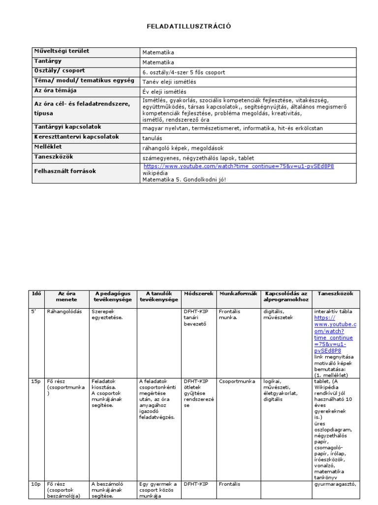 DFHT - Matematika Óravázlat | PDF