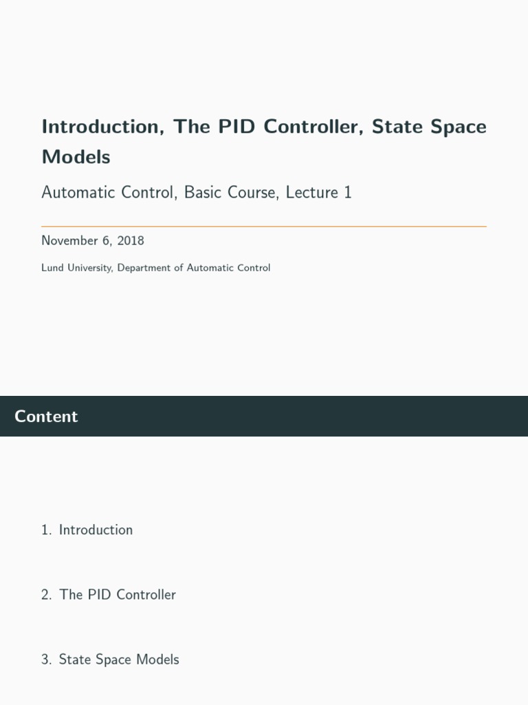 Introduction, The PID Controller, State Space Models: Automatic Control ...