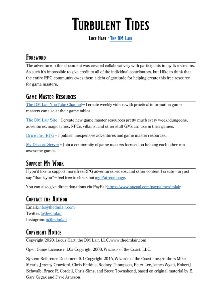 Turbulent Tides Level 5 DND 5e Adventure | PDF