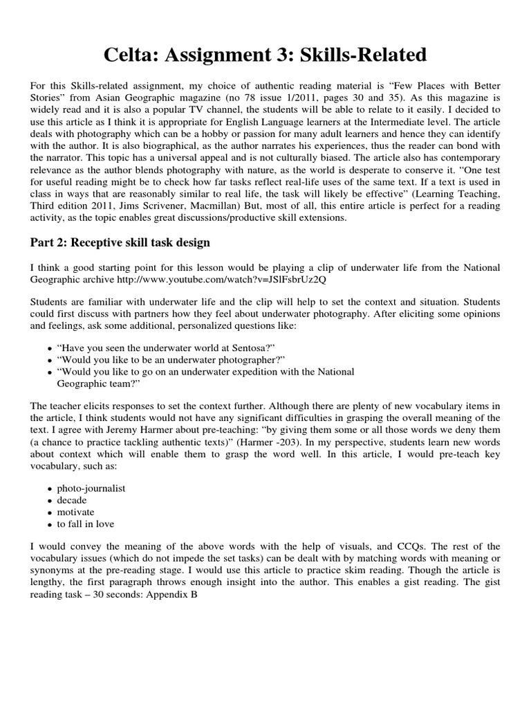 Celta Assignment 3 Skills Related Part 2 Receptive Skill Task