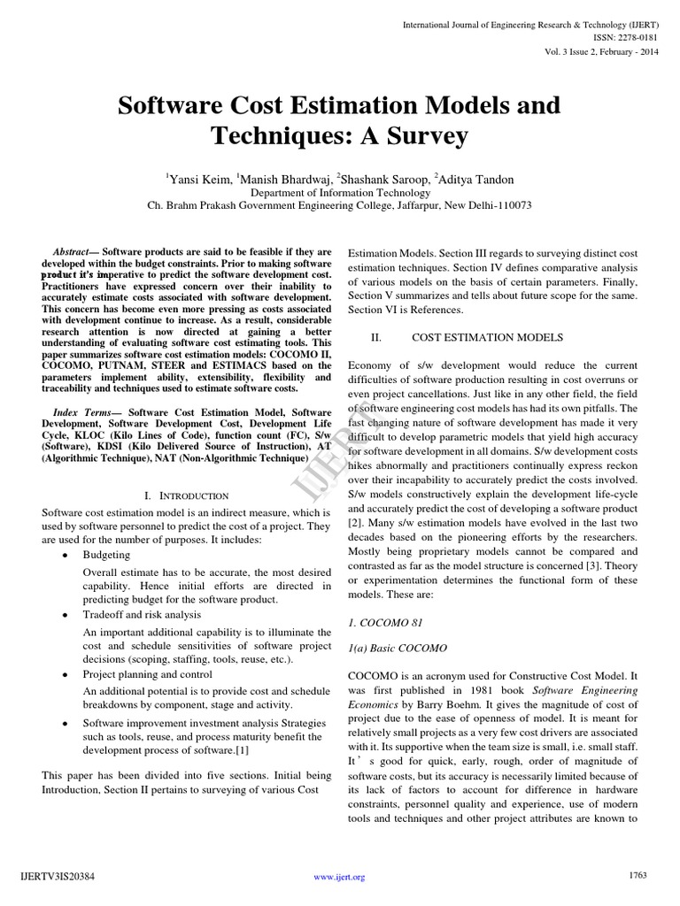 Software Cost Estimation Models And Techniques A Survey Ijertv3is20384