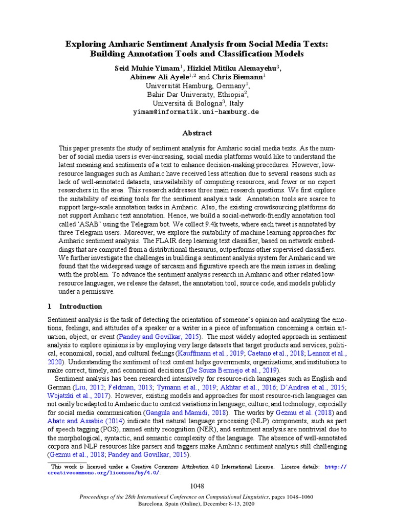 Exploring Amharic Sentiment Analysis From Social Media Texts: Building ...