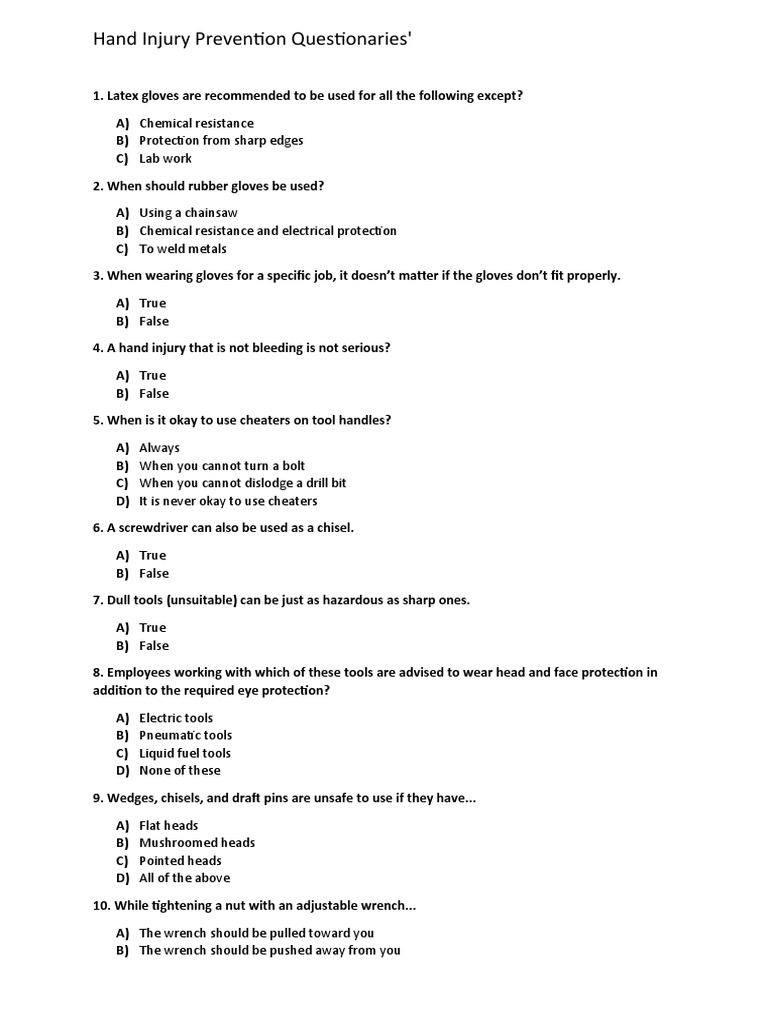 Hand Safety Quiz and Guidelines | PDF