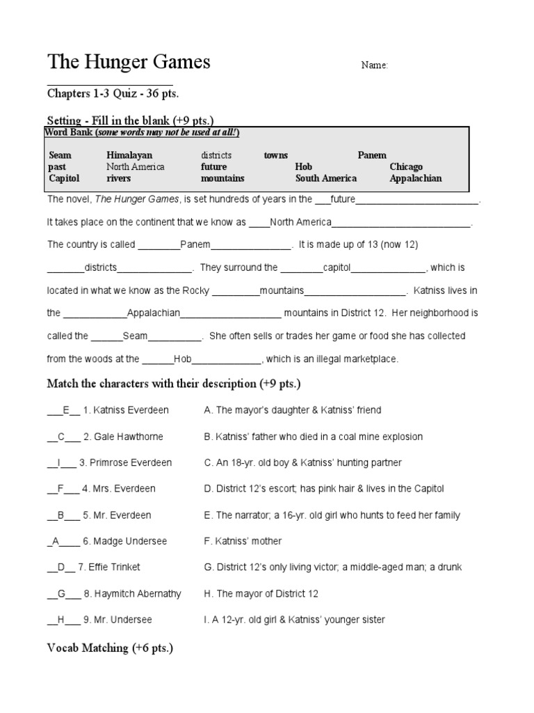 The Hunger Games: Chapters 1-3 Quiz - 36 Pts. Setting - Fill in The ...