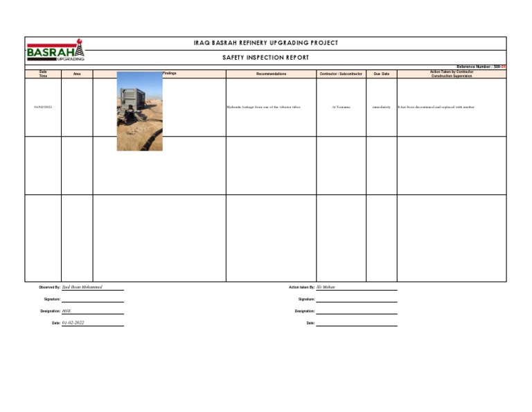 Iraq Basrah Refinery Upgrading Project Safety Inspection Report | PDF
