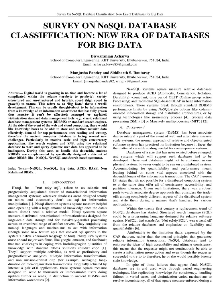 Survey On NoSQL Database Classification | PDF | No Sql | Databases