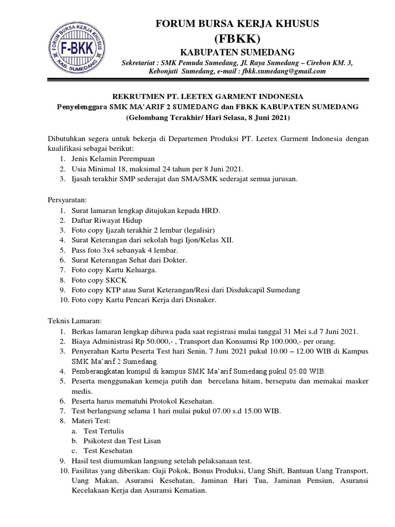 Loker Pt. Leetex Garment Indonesia Gel. Terakhir | PDF