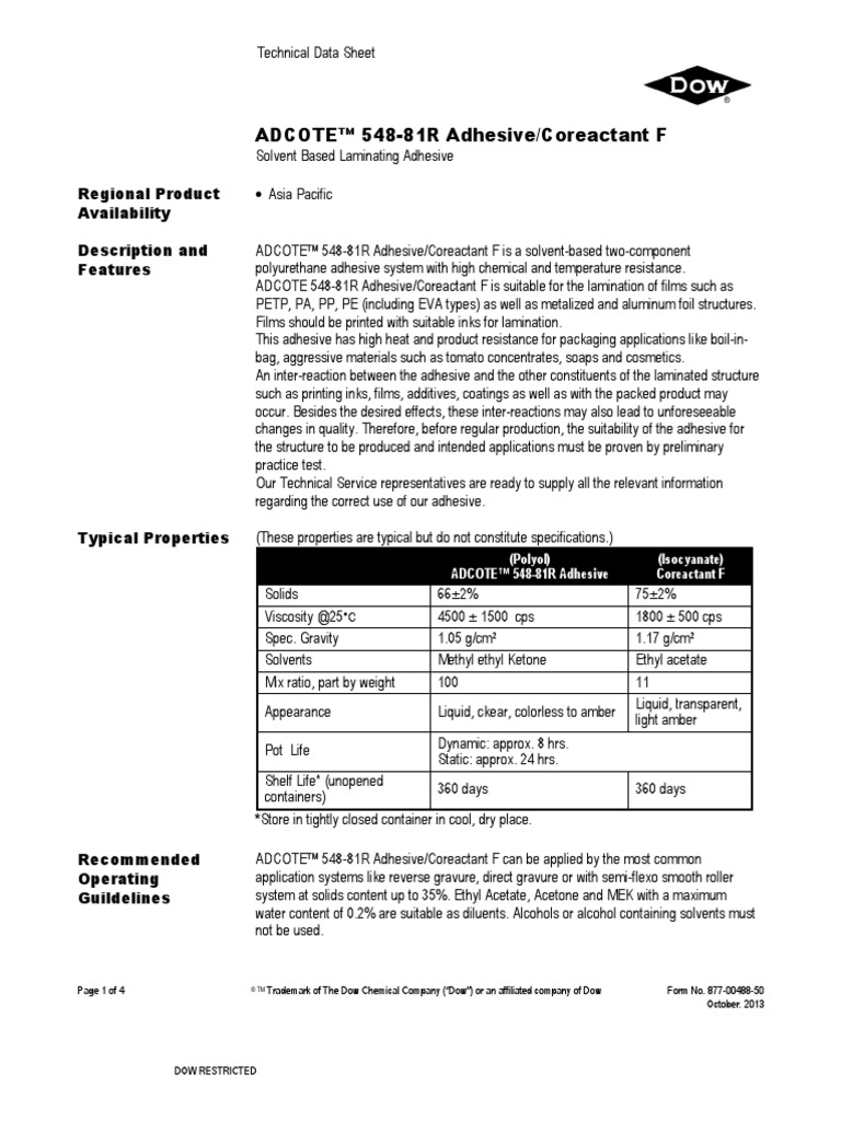 ADCOTE 548-81R + Coreactant F (TDS) | PDF | Adhesive | Dow Chemical Company