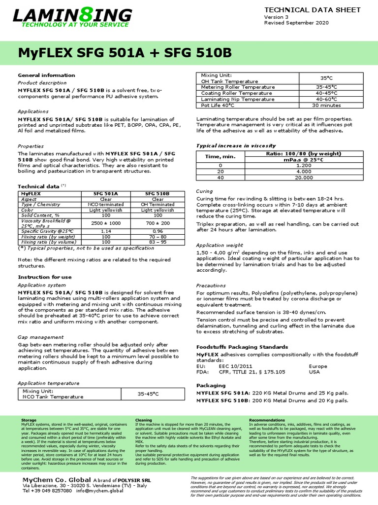 MyFLEX SFG 501A/510B Technical Guide | PDF | Adhesive | Lamination