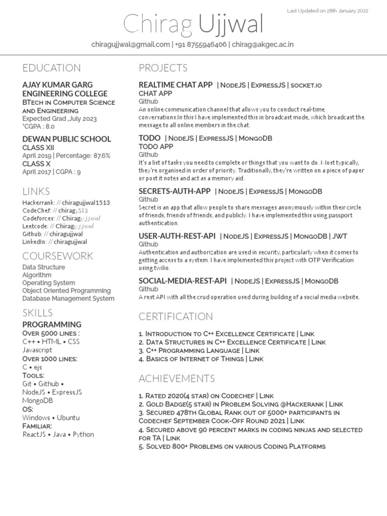 Chirag Ujjwal's Resume - Last Updated 28th Jan 2022 | PDF | Computer Programming | C++
