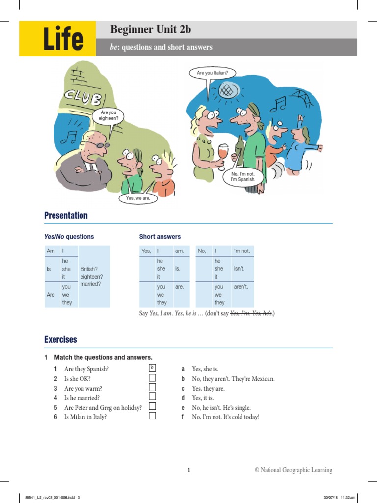 Beginner Unit 2b: Be: Questions and Short Answers | PDF | Linguistics