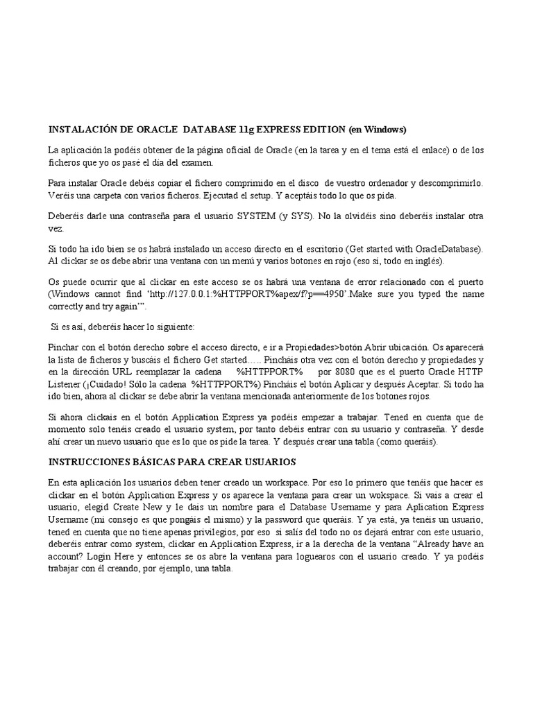 INSTALACIÓN DE ORACLE DATABASE 11g EXPRESS EDITION | PDF | Ventana ...