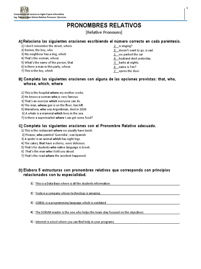 Relative Pronouns - Ejercicios | PDF