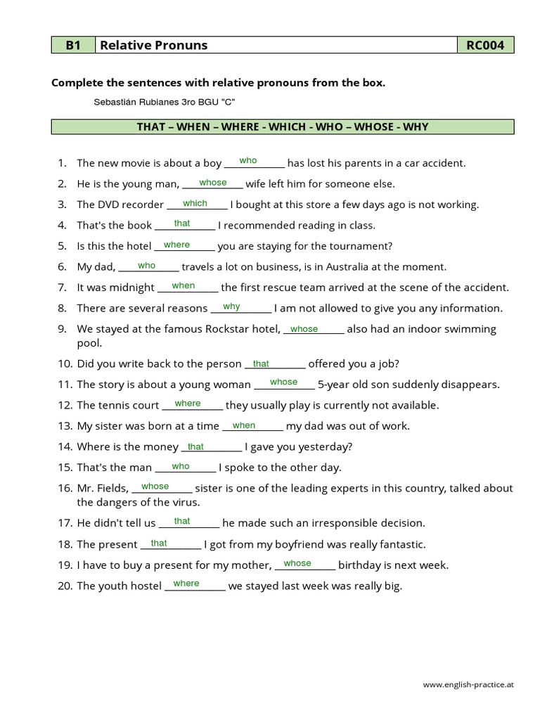 Relative Pronouns - PDF Grammar Worksheet - RC004 | PDF