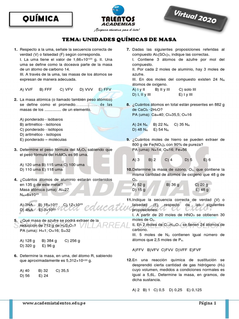 Ejercicios sobre Unidades de Masa Química | PDF | Mole (Unidad) | Átomos