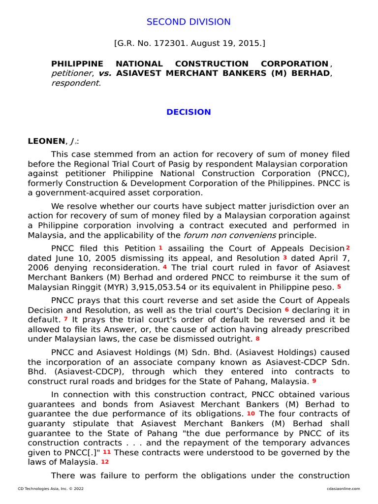 PNCC vs. Asiavest: Jurisdiction Case Review | PDF | Guarantee | Lawsuit