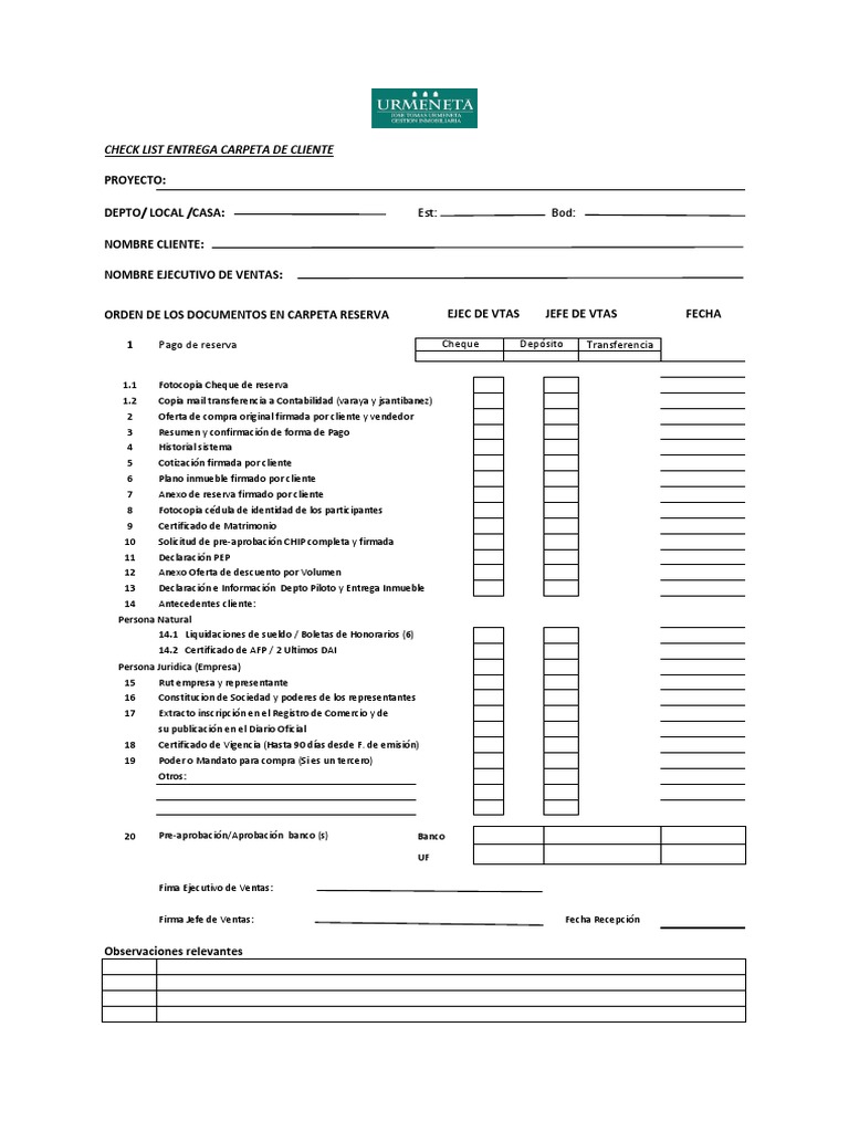 Check List Armado Carpeta Cliente Marzo2019V6 | PDF