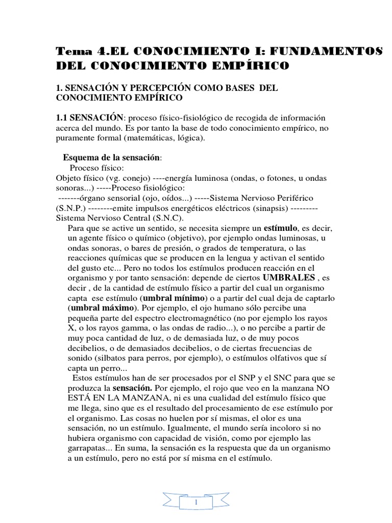 Tema 4. El Conocimiento (Epistemología) | PDF | Verdad | Percepción
