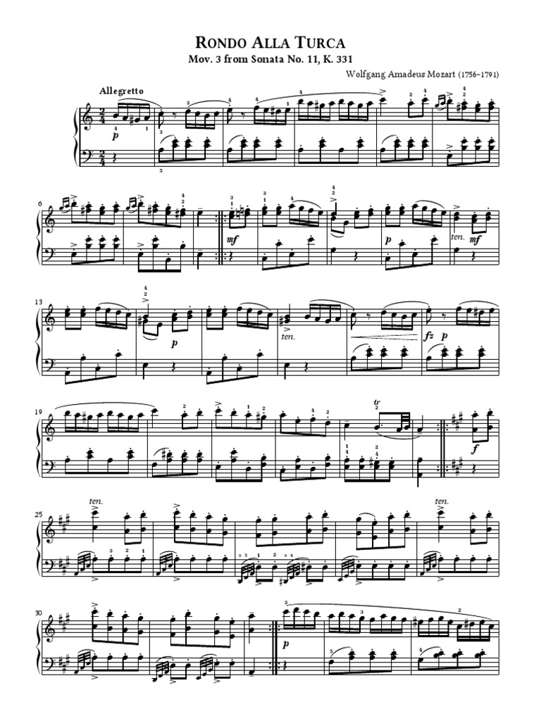Mozart Rondo Alla Turca Sonata No.11 | PDF | Sonata | Piano