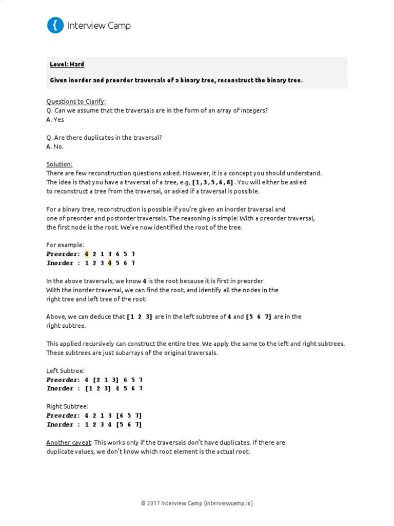 Interview Camp: Level: Hard Given Inorder and Preorder Traversals of A ...