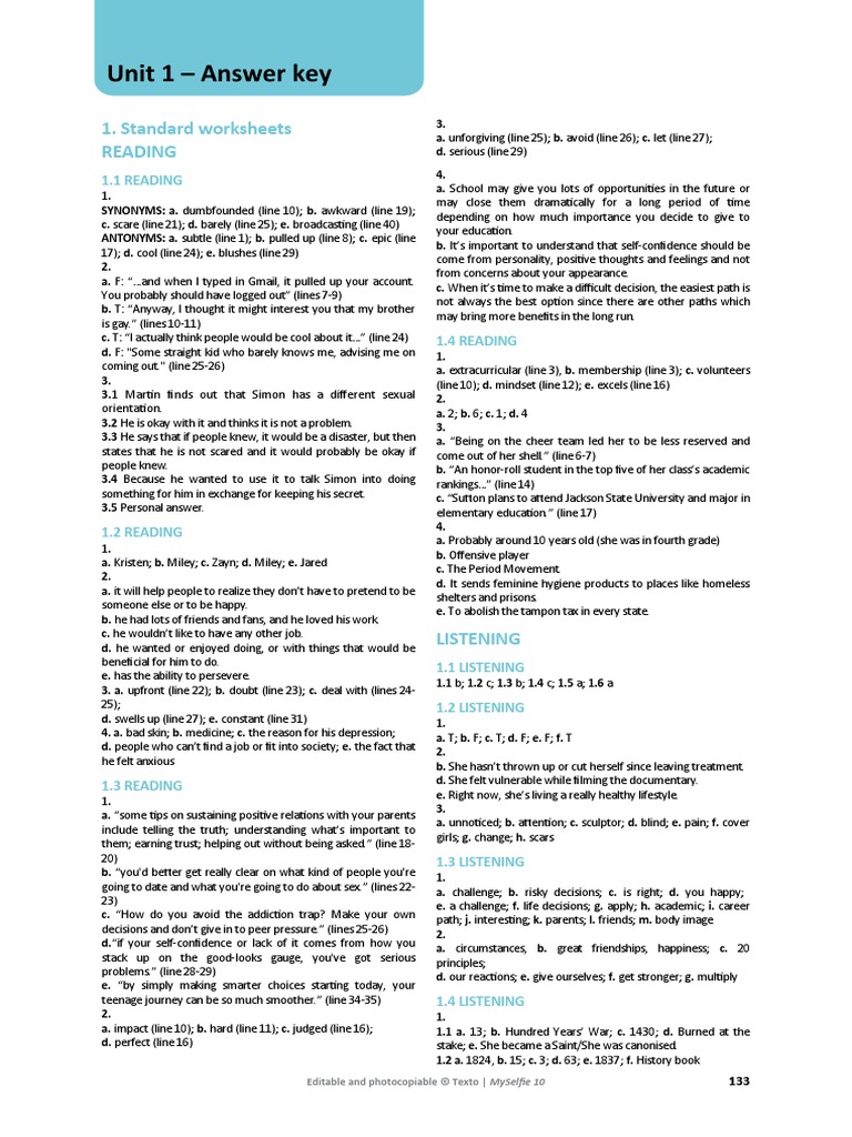 Unit 1 - Answer Key: 1. Standard Worksheets Reading | PDF | Perfect ...