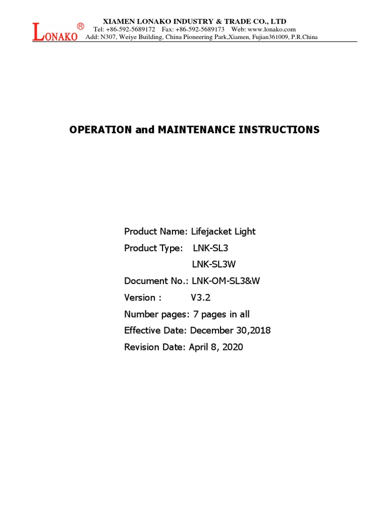 Lonako - lnk-Sl3 Life Jacket Light | PDF | Equipment | Manufactured Goods