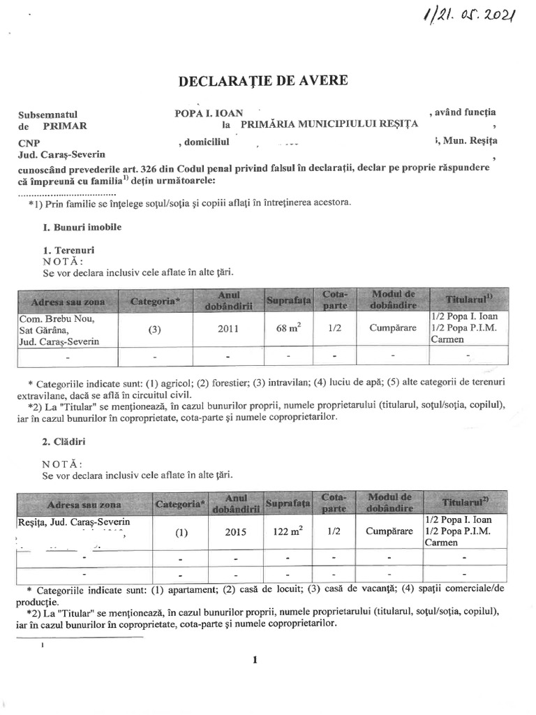 Declaratie de Avere Si Interese 2021 | PDF