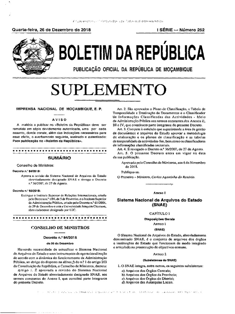 Decreto N.º 84 - 2018 de 26 de Dezembro - SNAE | PDF