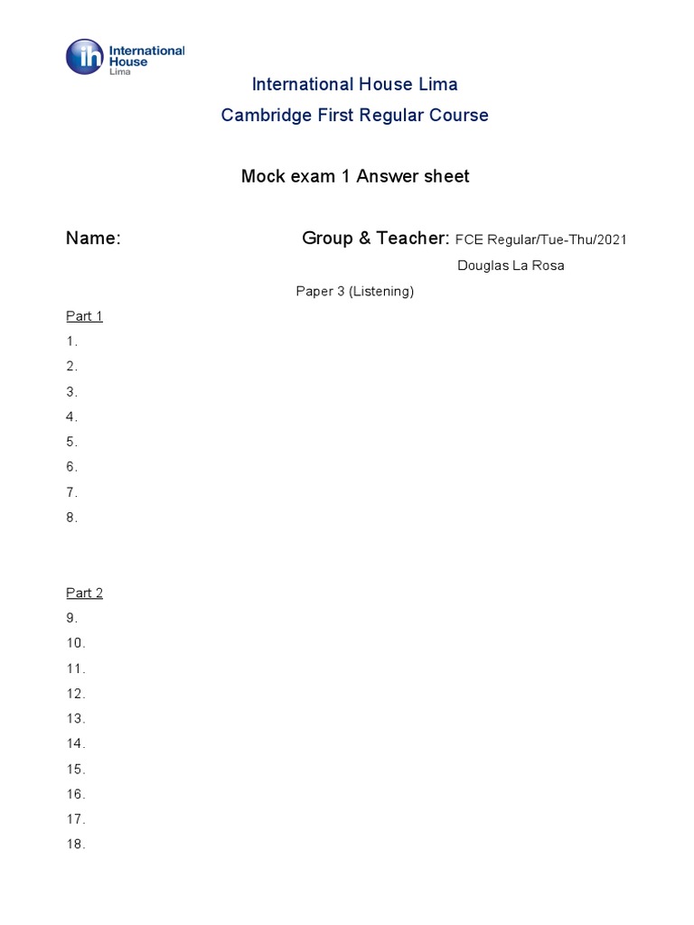 FCE Mock Exam 1 Answer Sheet | PDF | Science & Mathematics