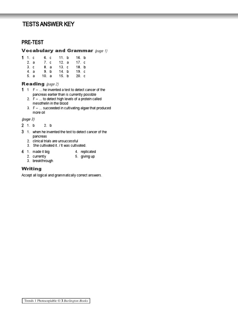 Tests Answer Key: Pre-Test | PDF