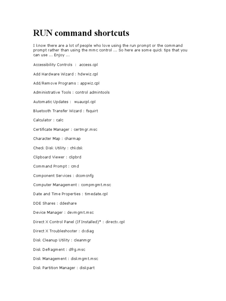 Shortcut Keys for Run Commands | Windows Registry | Group Policy