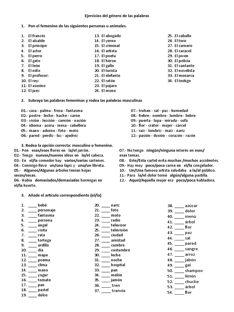Ejercicios Del Género de Las Palabras | PDF | Adultos jóvenes