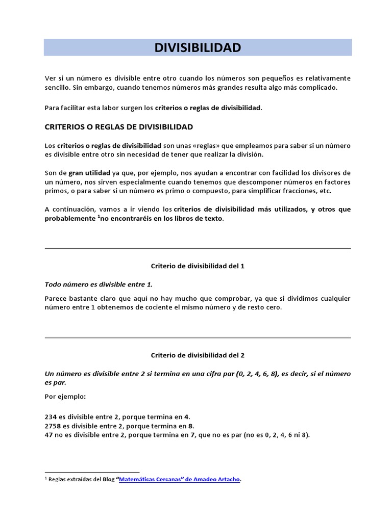 REGLAS de DIVISIBILIDAD | PDF | División (Matemáticas) | Matemáticas ...