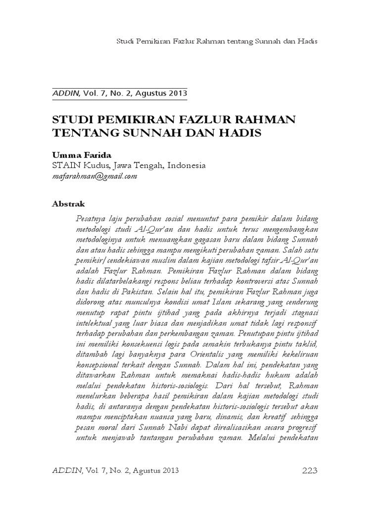 Fazlur Rahman Hadis Dan Sunnah | PDF