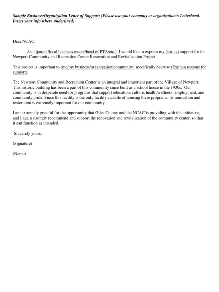 Sample Business/Organization Letter of Support: (Please Use Your ...