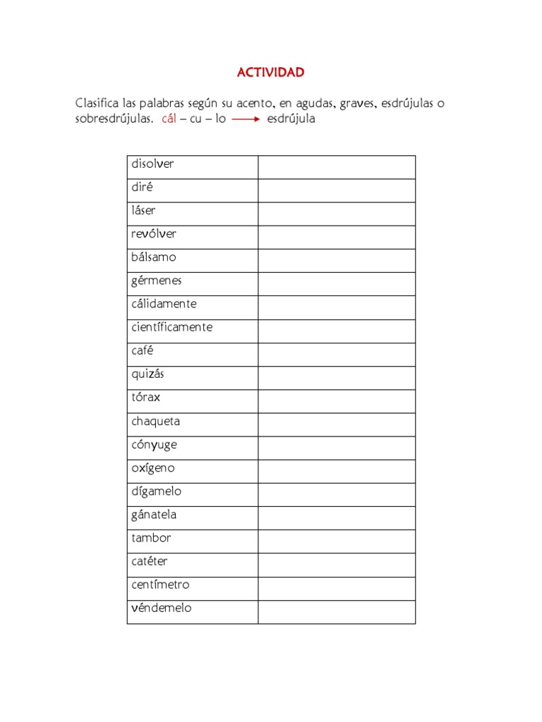 Actividad Palabras Agudas, Graves, Esdrújulas y Sobresdrújulas | PDF