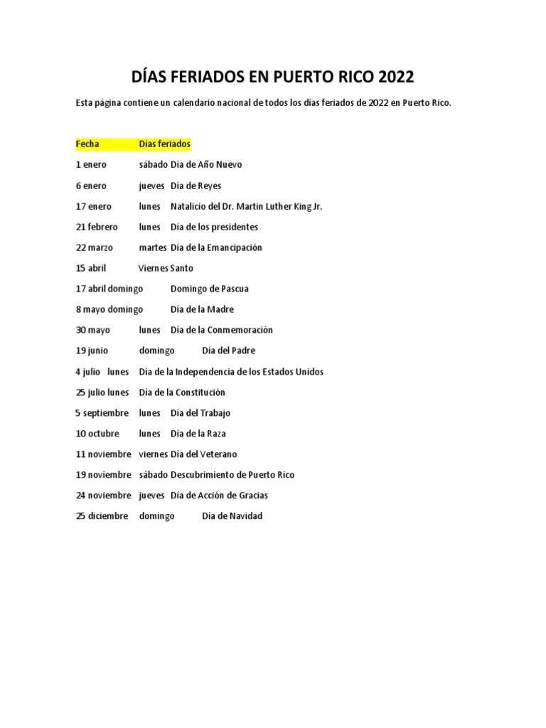Días Feriados en Puerto Rico 2022 | PDF