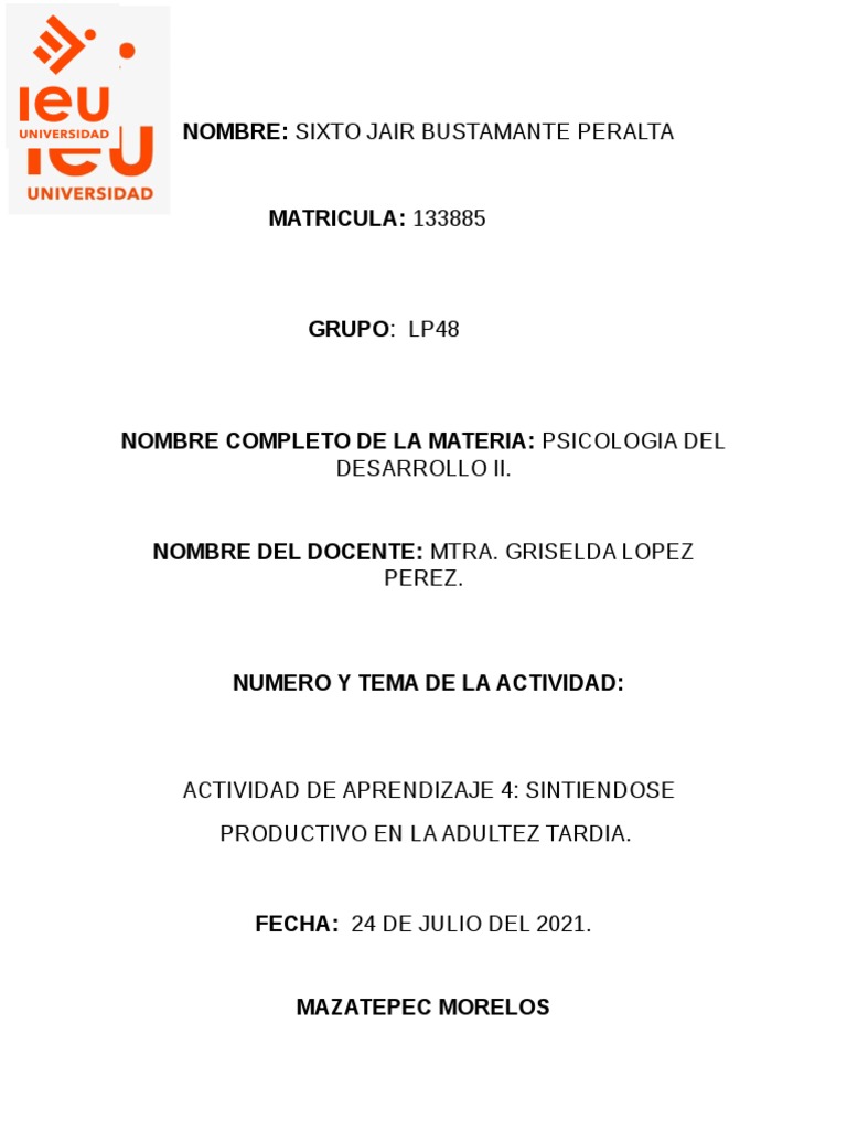 Actividad de Aprendizaje 4 Psicologia Del Desarrollo II | PDF | Vejez | Mente