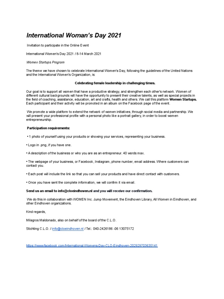 Invitation To Women Startups IWD 2021 | PDF