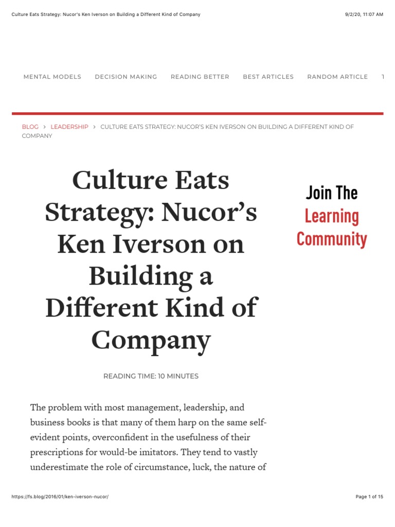 Culture Eats Strategy: Nucor's Ken Iverson On Building A Different Kind ...