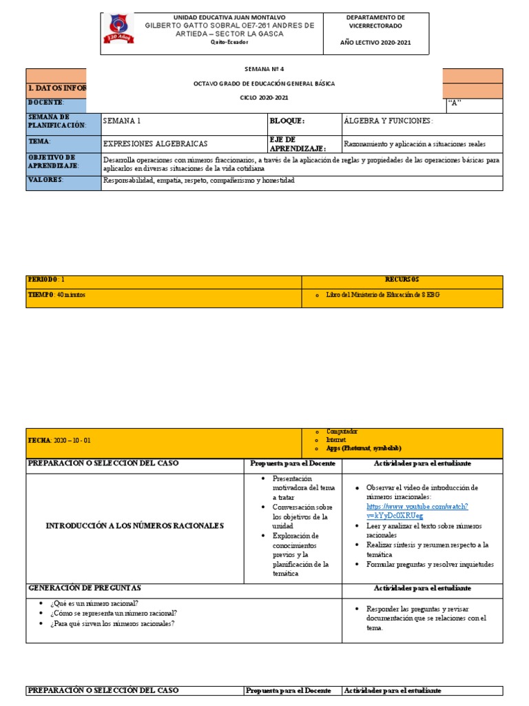 Planificación Semanal | PDF | Número racional | Matemáticas