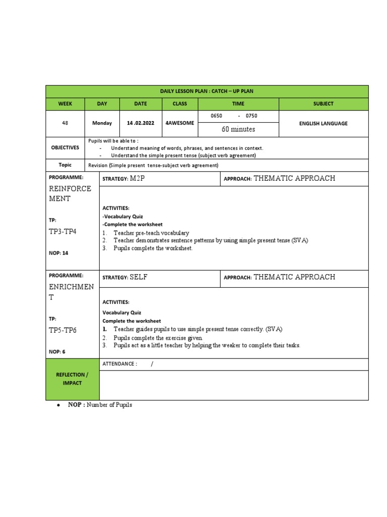 60 Minutes: NOP: Number of Pupils | PDF | Lesson Plan | Reading ...